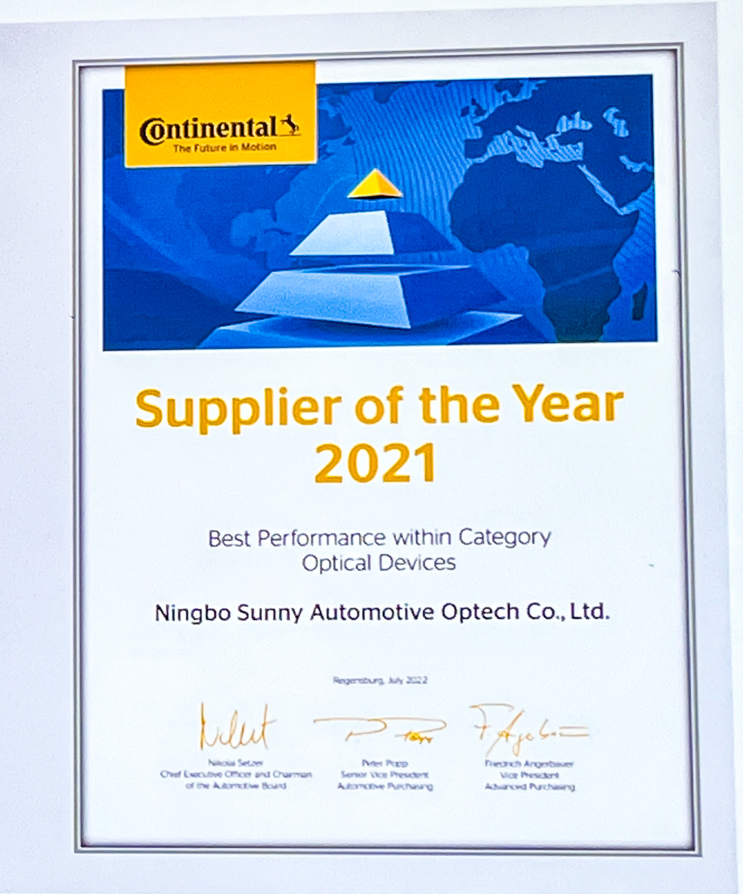 舜宇车载光学再获“Continental最佳供应商大奖”-Ningbo Sunny Automotive Optech Co., Ltd.